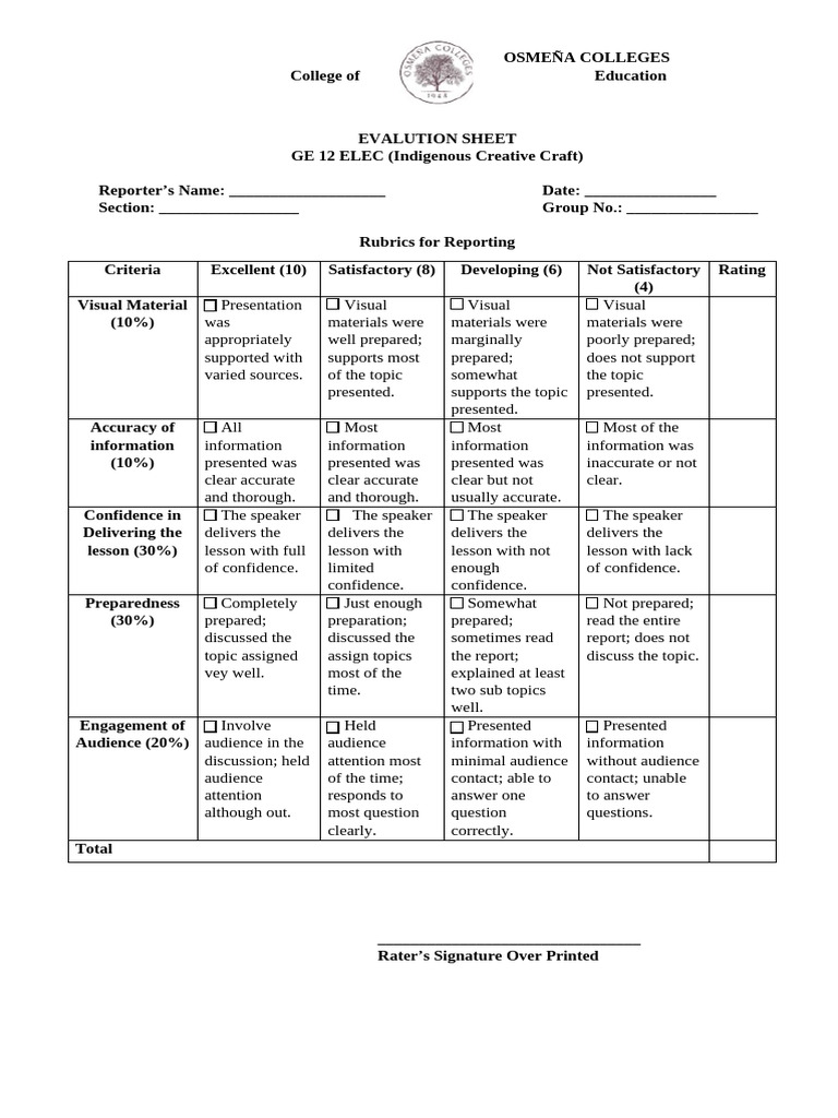Rubrics For Reporting Pdf Career Growth Social Science