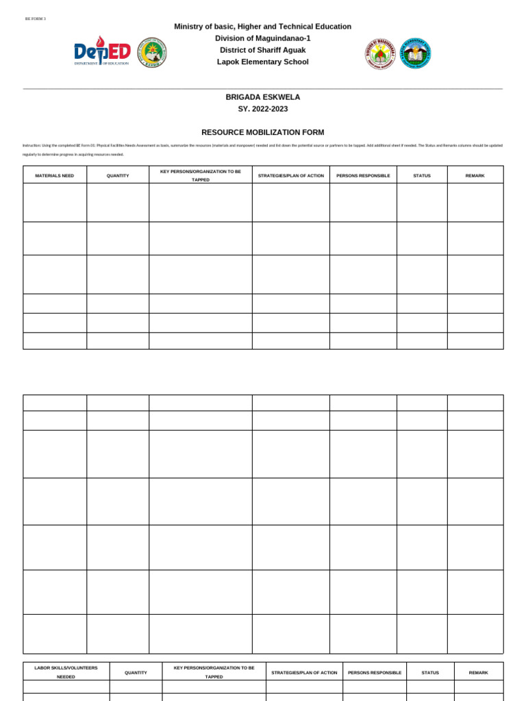 Brigada Eskwela Form 3 Resource Mobilization Form | PDF