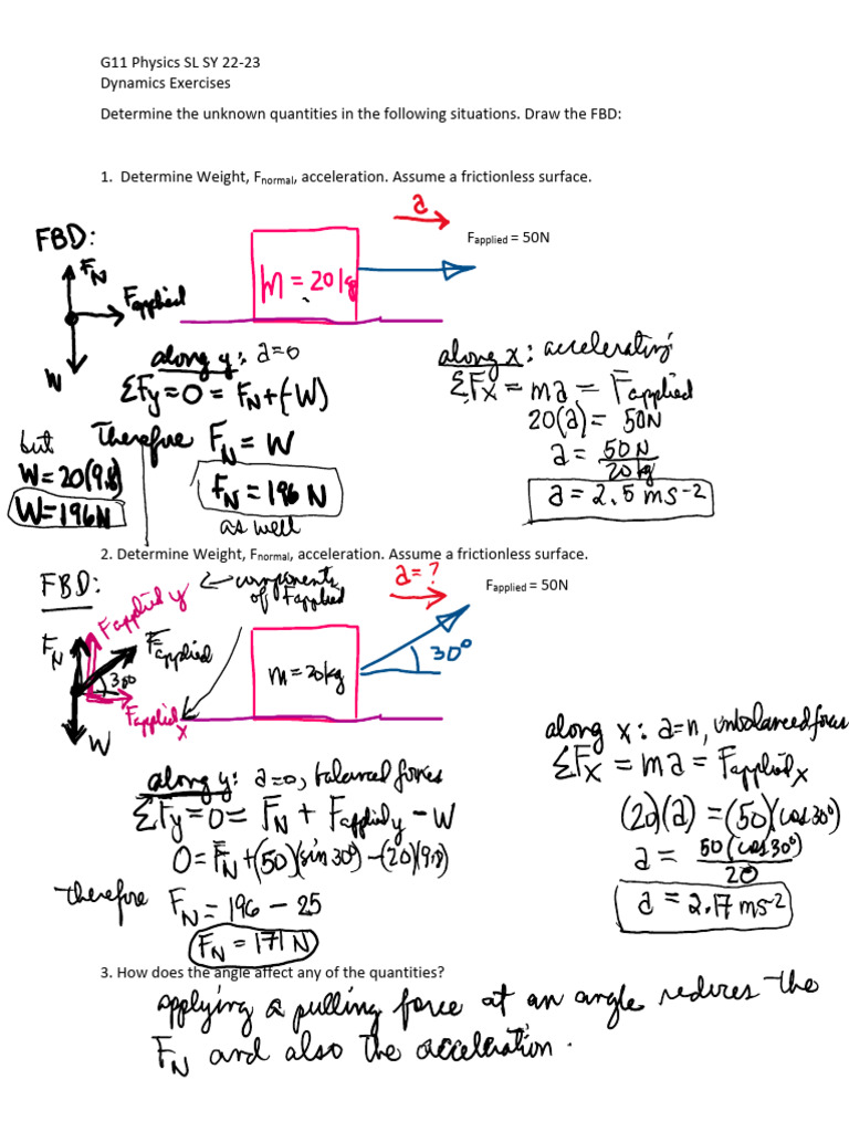 Dynamics Exercises+on+FBD+and+Forces Answer+Key | PDF