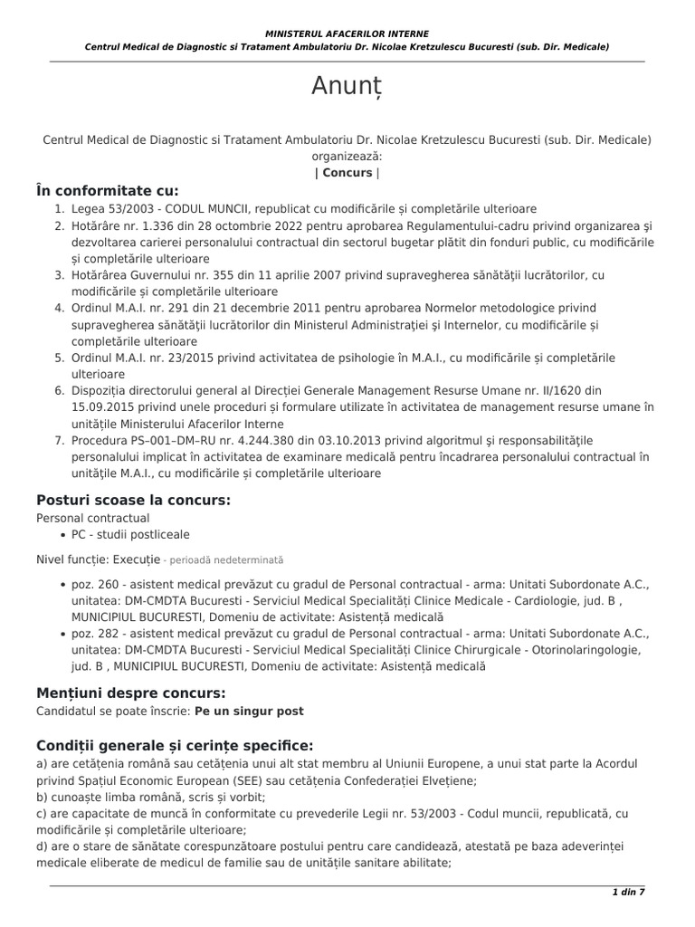 Anunț Concurs Pentru Ocuparea A 2 Posturi Vacante de Asistent Medical ...