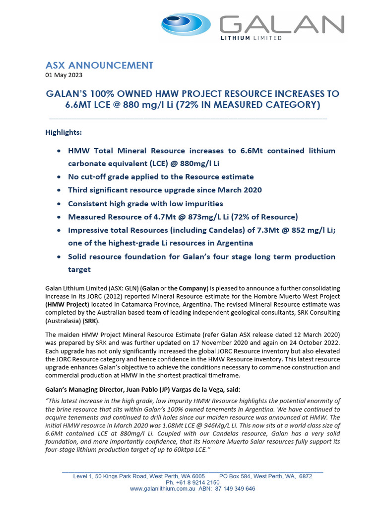 HMW Project Resource Increases To 66Mt LCE at 880mgl Li | PDF ...