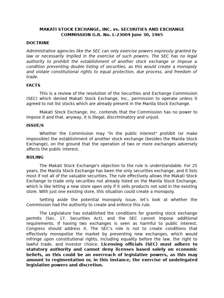 Makati Stock Exchange v. SEC 1965 | PDF | U.S. Securities And Exchange ...