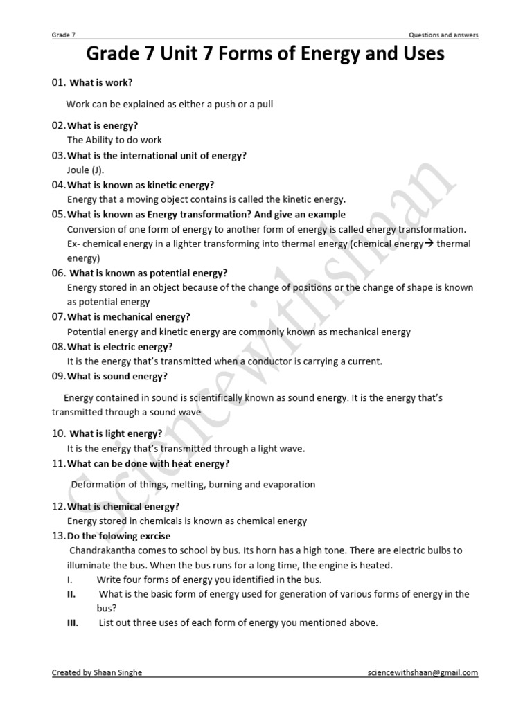 Grade 7 Unit 7 Forms of Energy and Uses Personal | PDF