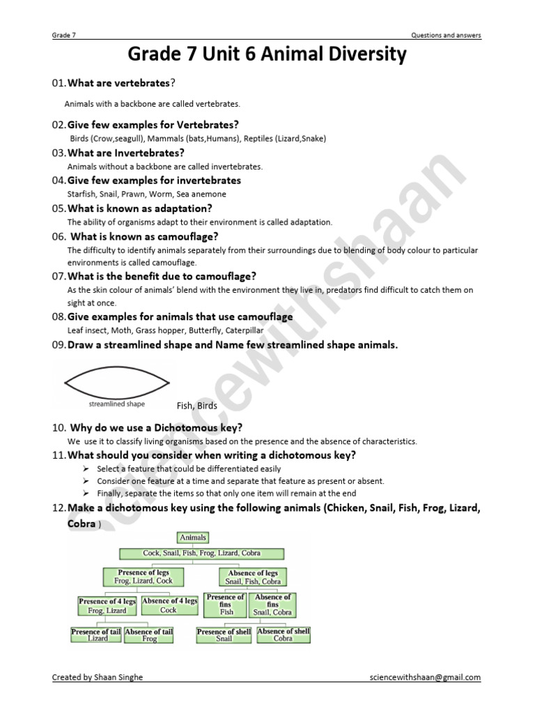 Grade 7 Unit 6 Animal Diversity | PDF