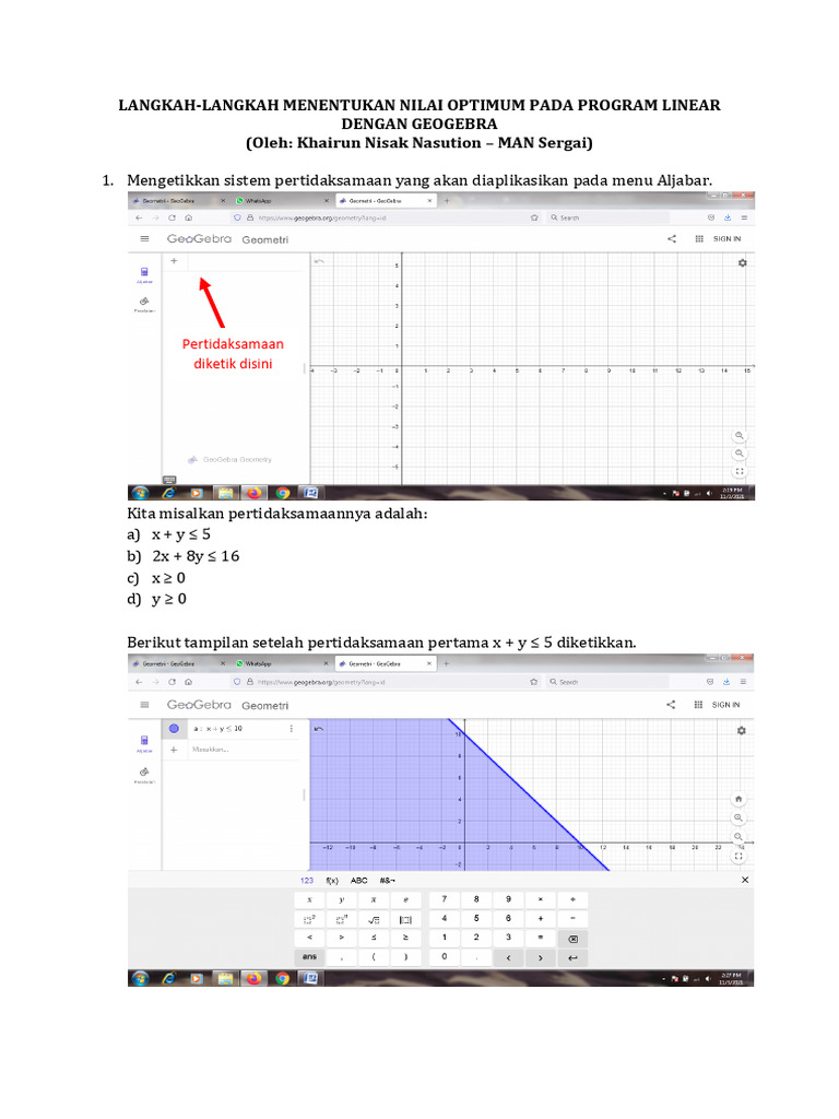 Menentukan Nilai Optimum pada Program Linear dengan Geogebra | PDF