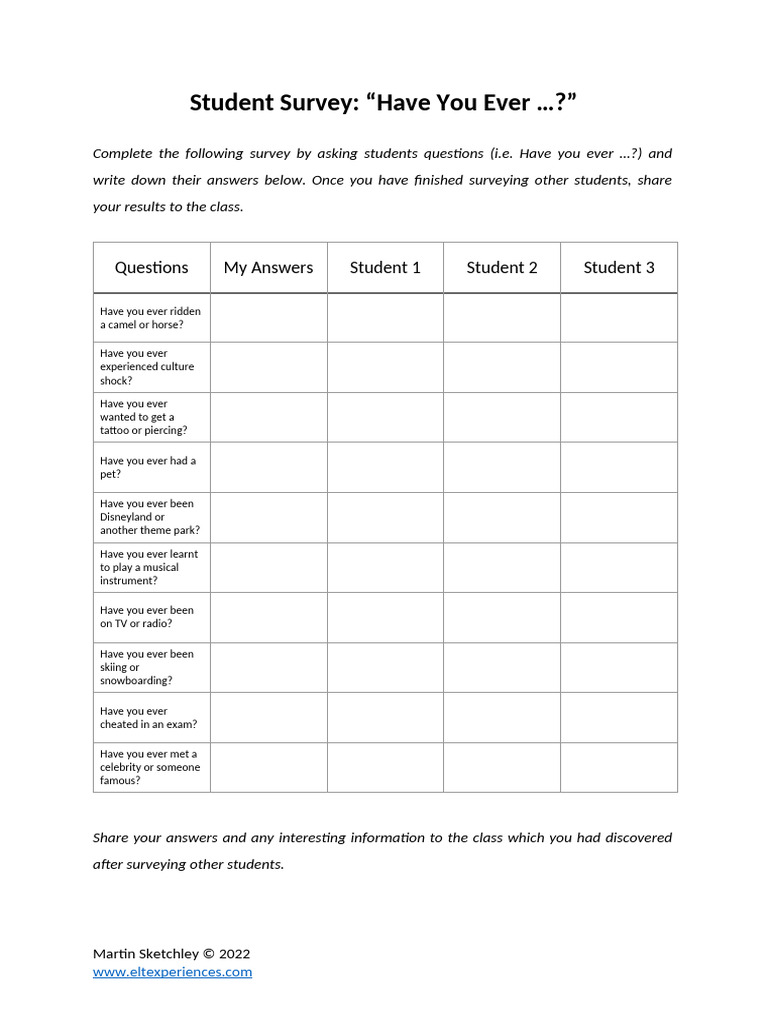 Have You Ever (Student Worksheet) | PDF