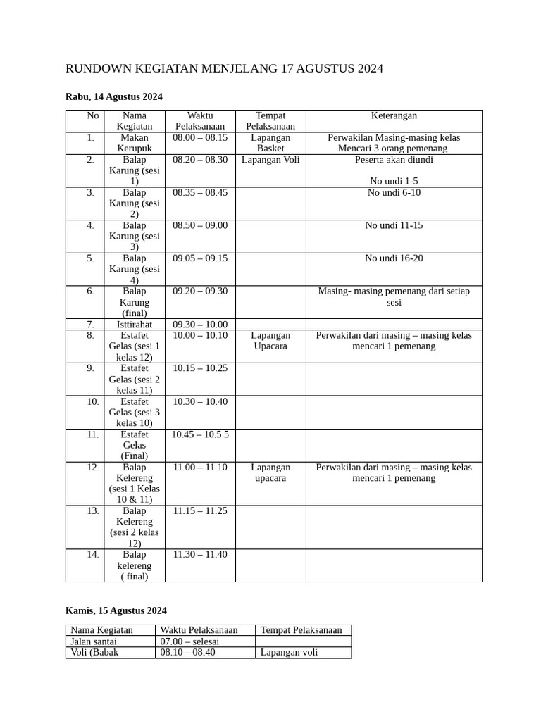 Rundown Kegiatan Menjelang 17 Agusus 2024 | PDF