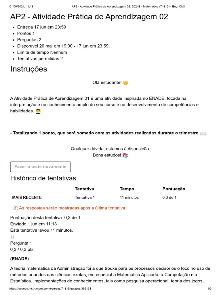AP2 - Atividade Prática de Aprendizagem 02 - 2024B - Matemática (71815) - Eng. Civil | PDF