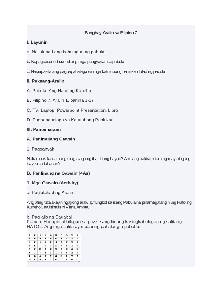 Banghay Aralin Sa Fil7 Pabula... | PDF
