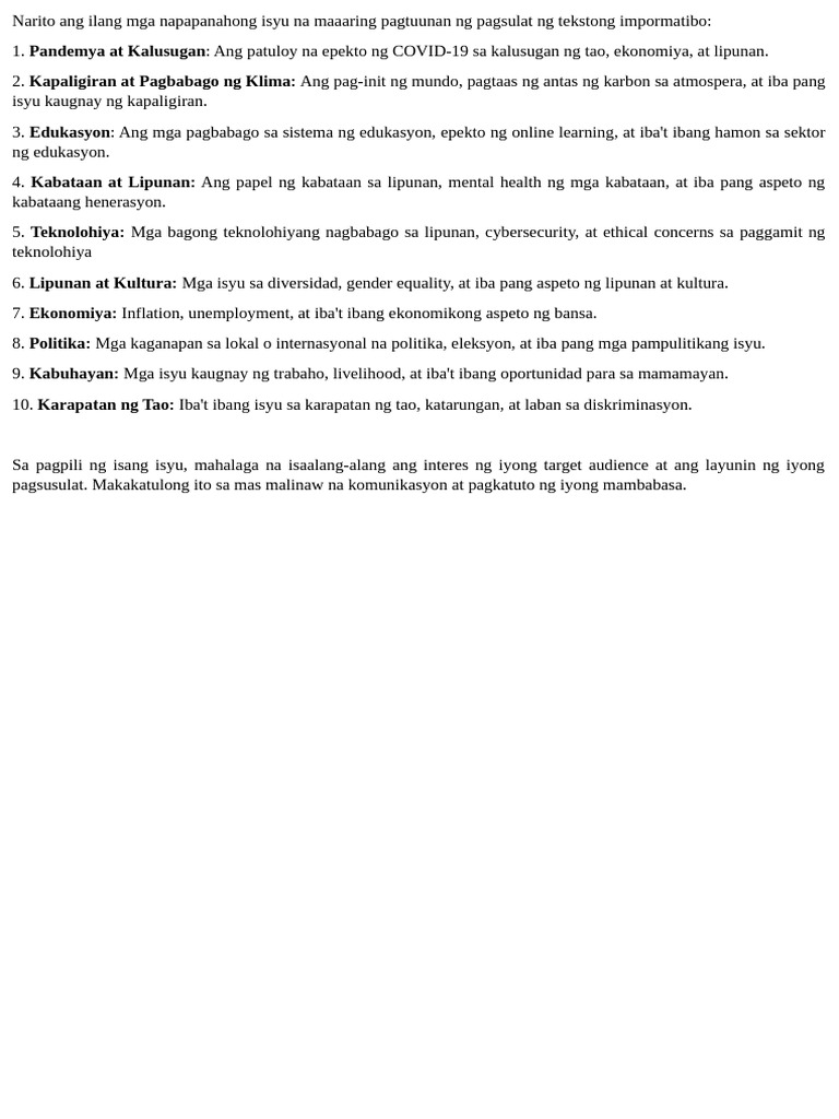 Mga Paksa Sa Tekstong Impormatibo | PDF | Critical Thinking | Career ...