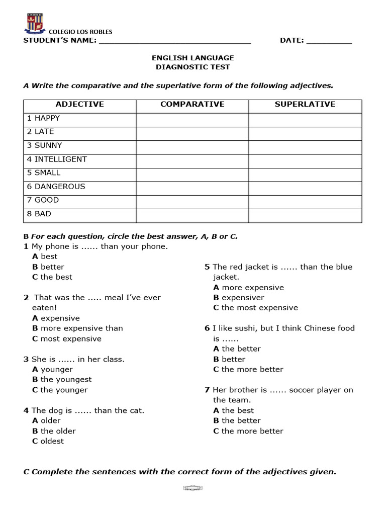 1ºB Diagnostic Test 2023 Comp Sup Adjectives - There Is Are ...