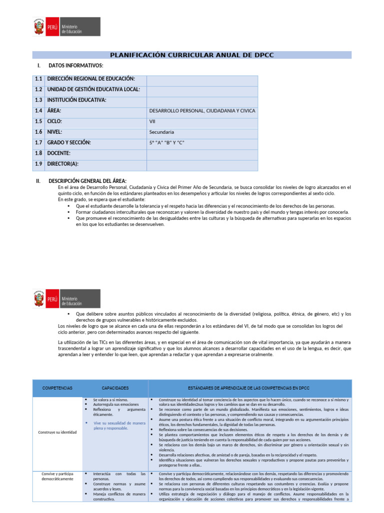 5º Planificación Curricular Anual de DPCC Modelo | PDF