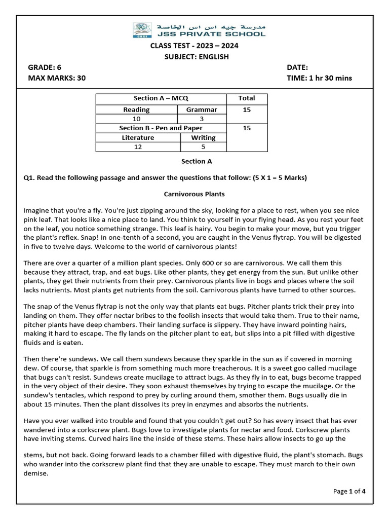 Gr 6 Pre Mid English Revision QP 2024-25 | PDF