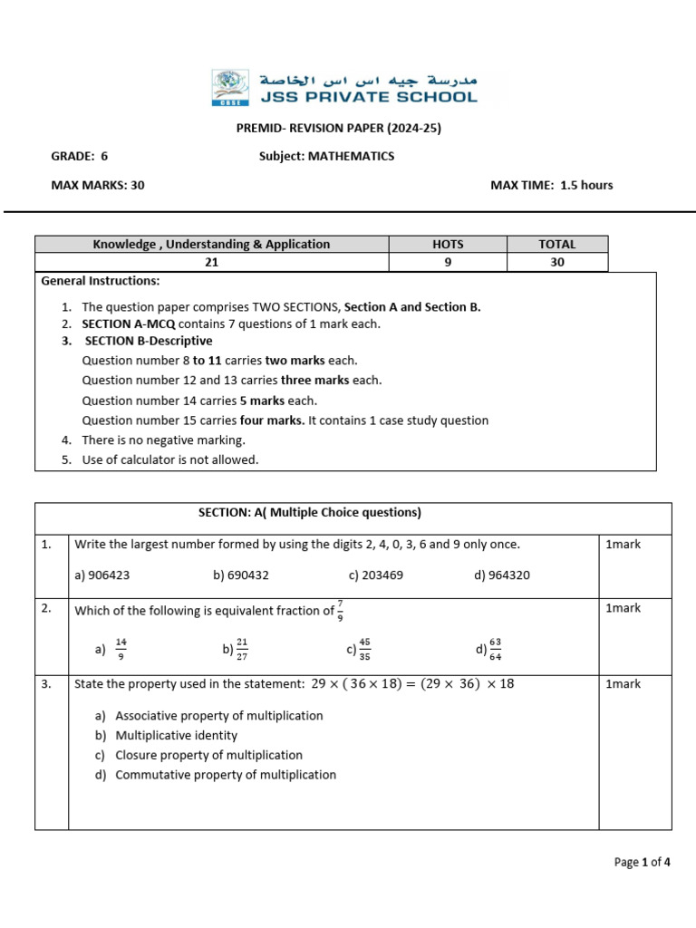 G6 Math Premid Revision QP 2024-25 | PDF