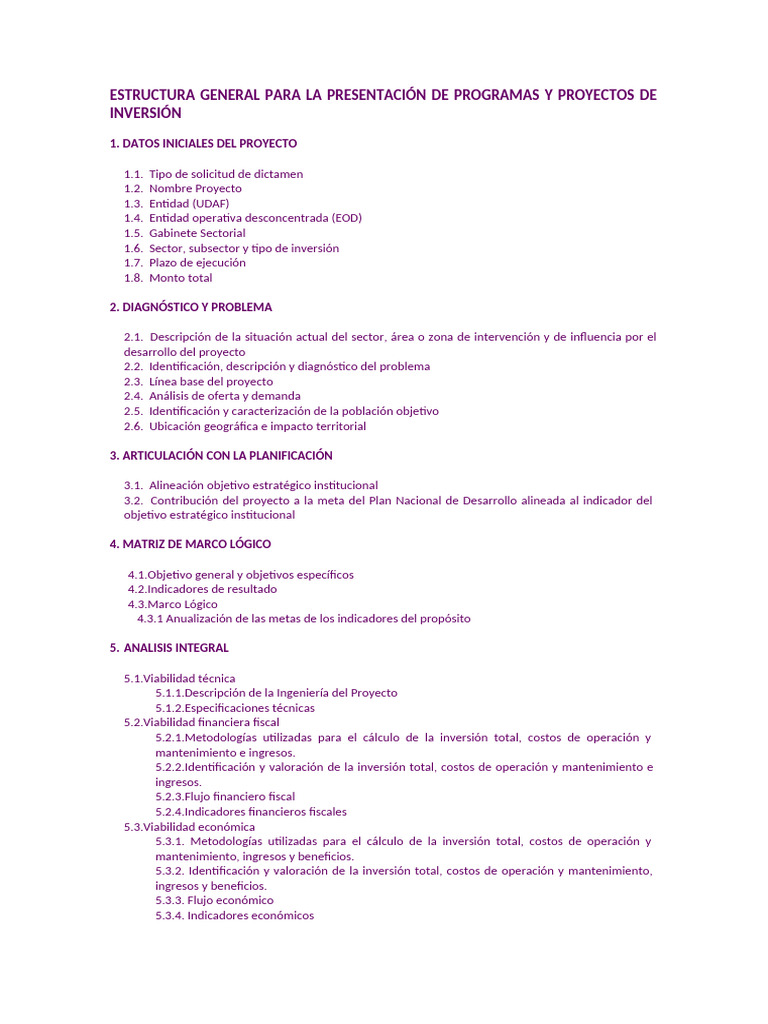 Estructura General para La Presentación de Programas y Proyectos de Inversión | PDF