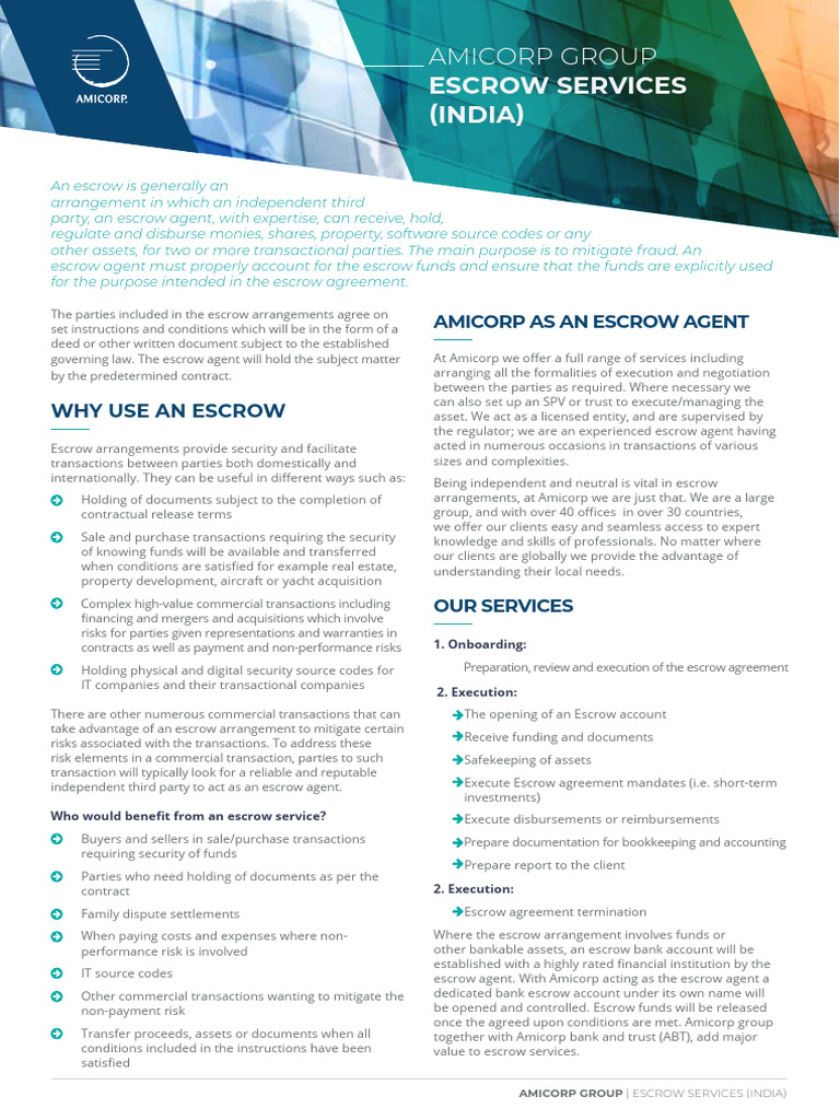 Escrow Services India Flyer (English) | PDF | Business | Private Law