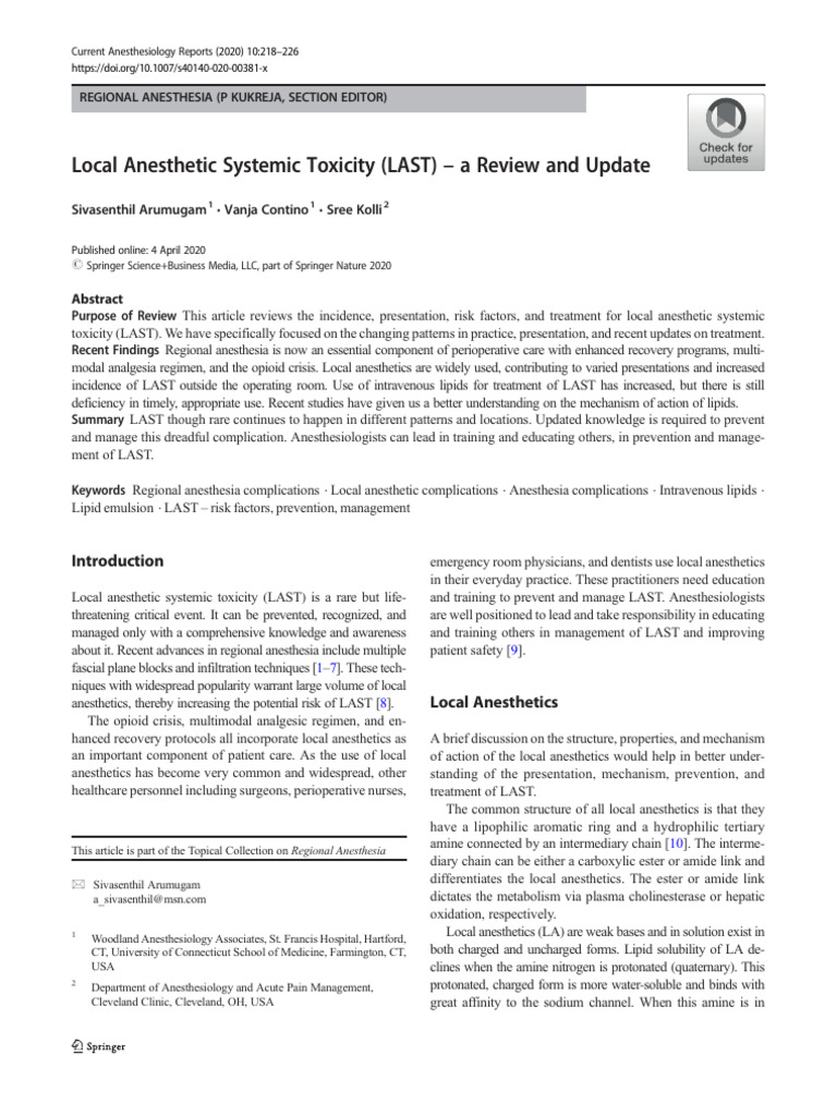 Local Anesthetic Systemic Toxicity (LAST) - A Review and Update | PDF