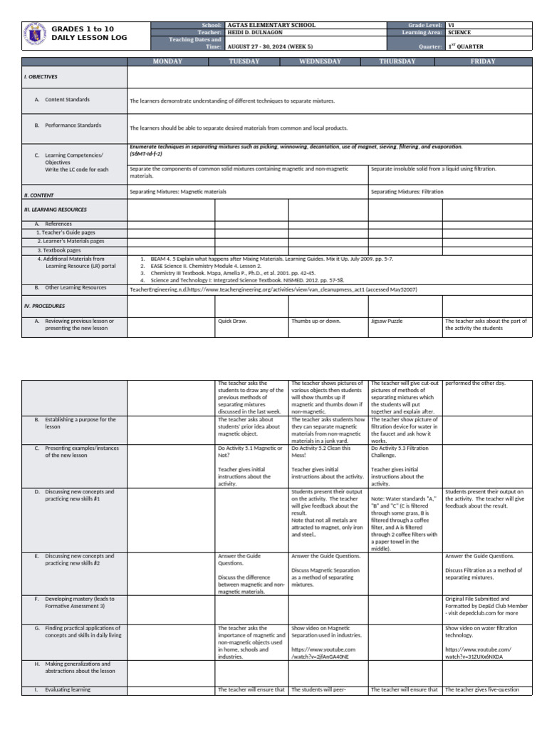 DLL - Science 6 - Q1 - W5 | PDF