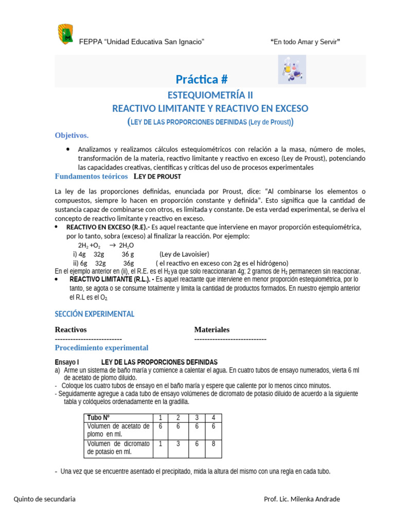 Práctica Reactivo Limitante y Reactivo en Exceso | PDF