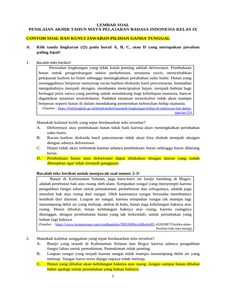 Soal Pat Bhs. Indonesia Kelas Ix 2021-2022 (PG + PGK) - Contoh | PDF