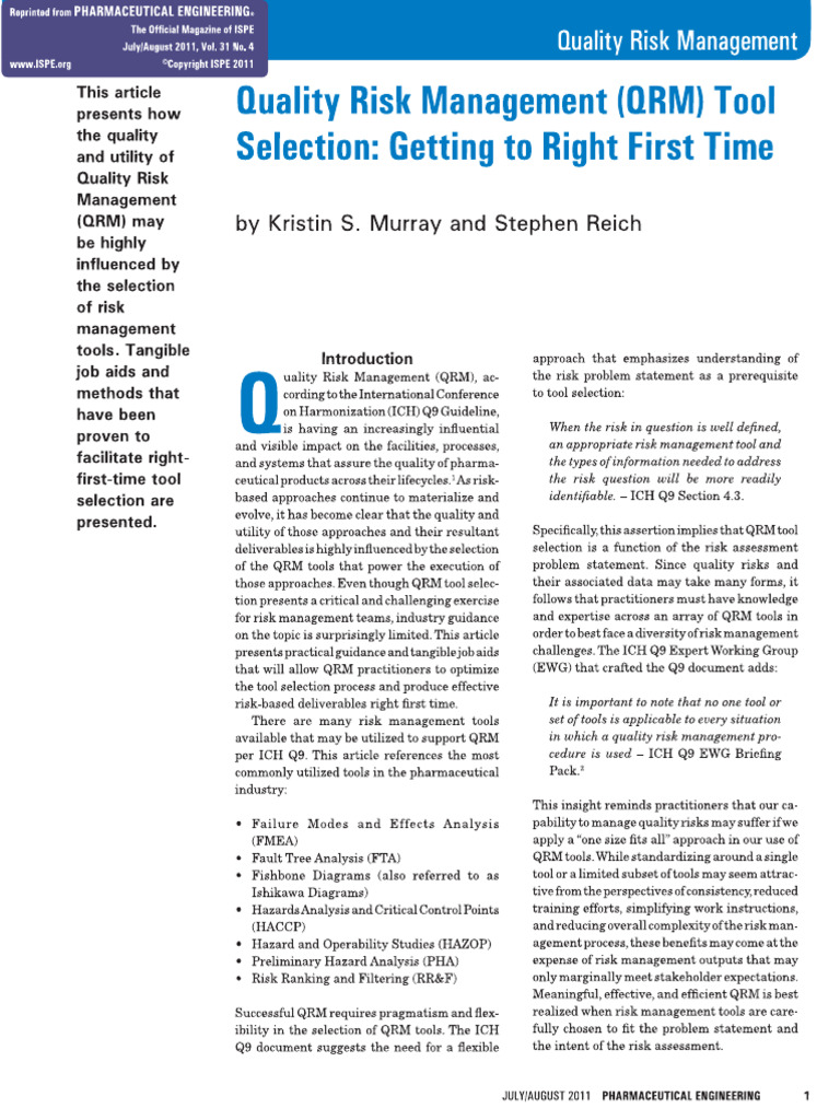Quality Risk Management (QRM) Tool Selection | PDF