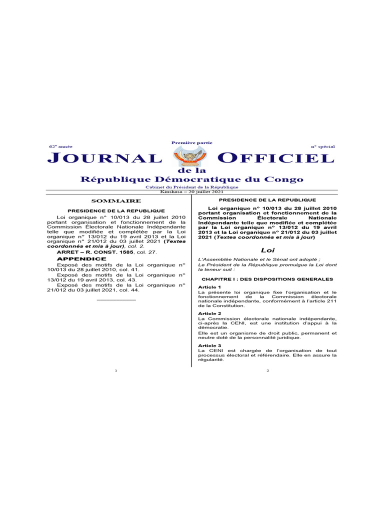 Nouvelle Loi Sur La CENI RDC | PDF