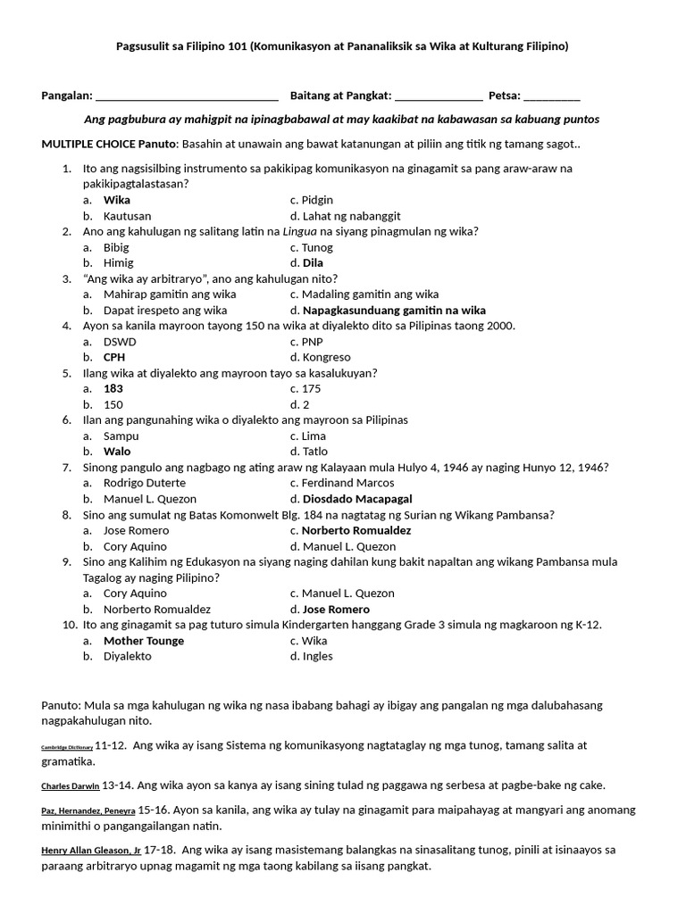 Pagsusulit Sa Filipino 101 (Susi Sa Pagwawasto) | PDF Pagsusulit Sa Filipino 101 (Susi Sa Pagwawasto) | PDF