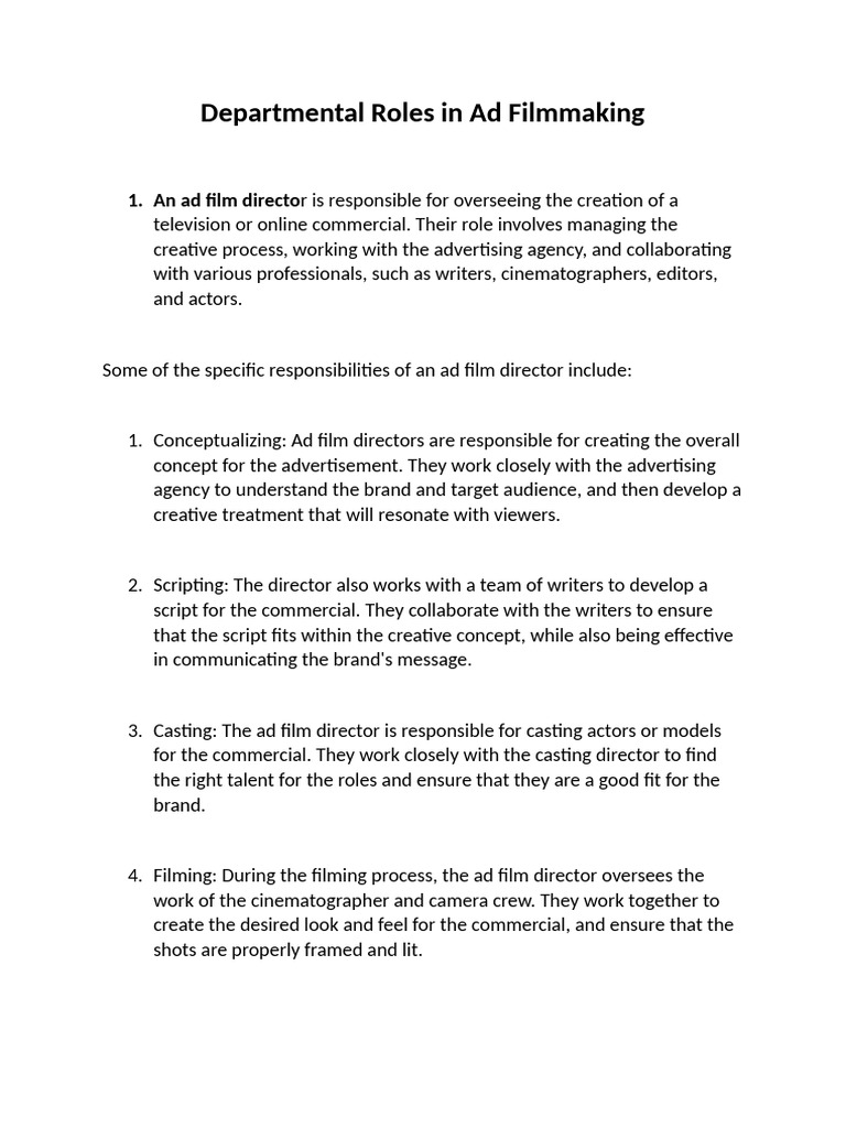 Departmental Roles in Ad Filmmaking | PDF