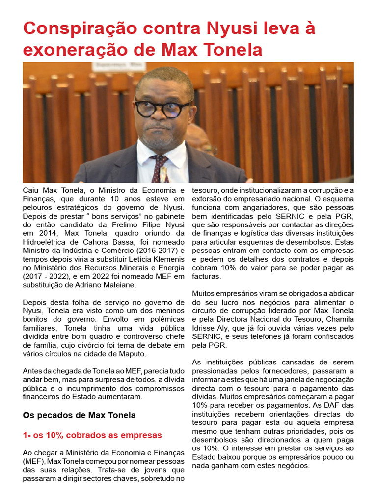 Conspiração Contra Nyusi Leva A Exoneração de Max Tonela 2 | PDF