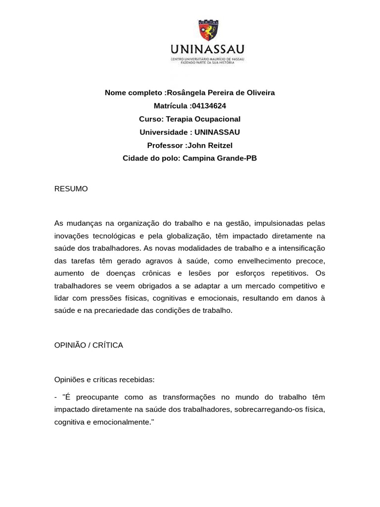 Resumo Crítico Pronto Rosângela | PDF | Crecimiento personal y profesional
