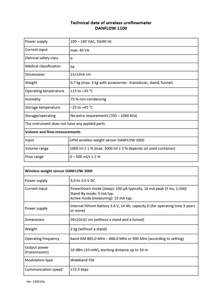 Fisa Tehnica Uroflowmetru Danflow 1000 - 2 | PDF