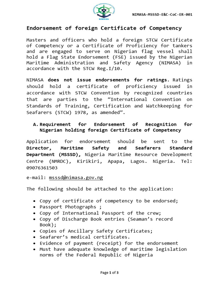Endorsement of Foreign Certificate of Competency | PDF