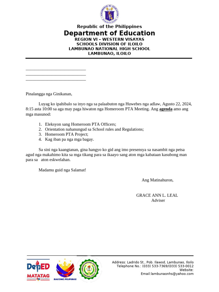 Letter To Parents Homeroom Pta | PDF