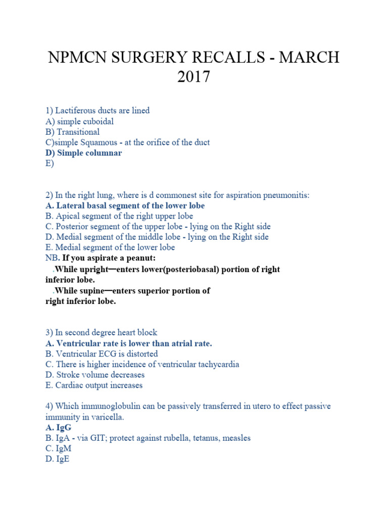 Ans. NPMCN Surgery Recalls, March 2017 | PDF