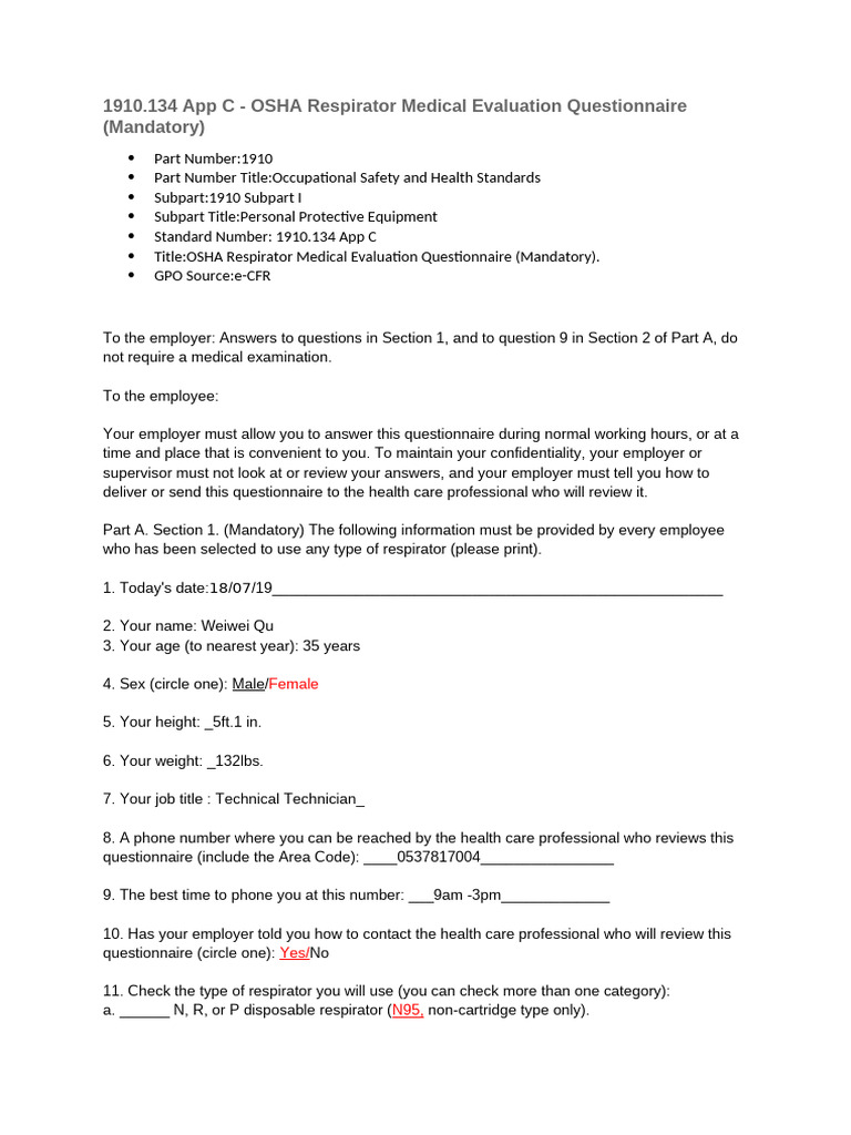 OSHA Respirator Medical form (002) | PDF