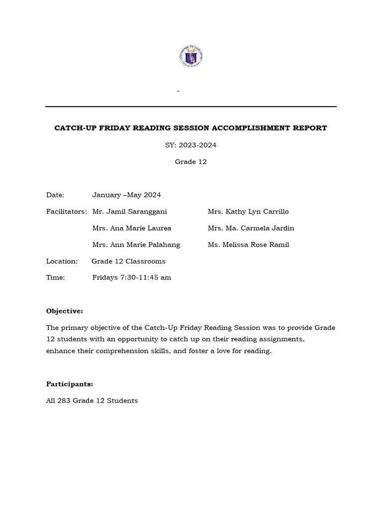 Catch Up Friday Reading Session Accomplishment Report 2024 | PDF Catch Up Friday Reading Session Accomplishment Report 2024 | PDF