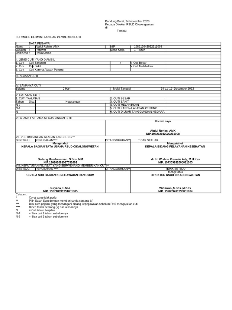 Surat Formulir Cuti Abdul Rohim | PDF