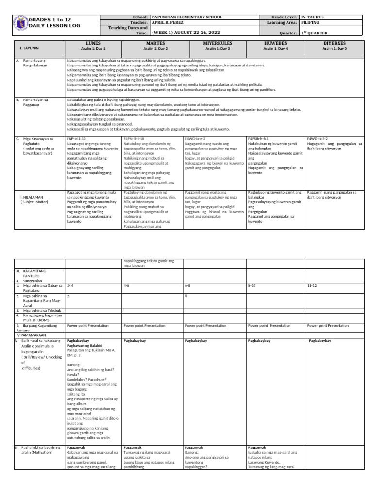 DLL Filipino 4 q1 w1 | PDF
