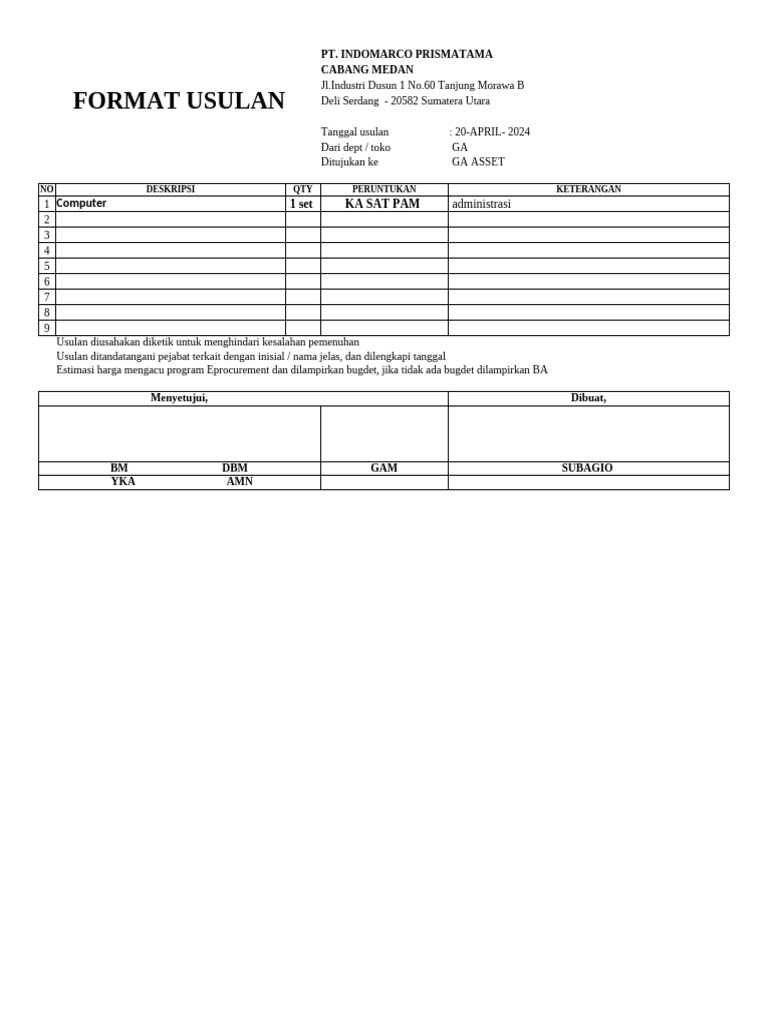 PT Indomarco Medan Proposal Forms | PDF