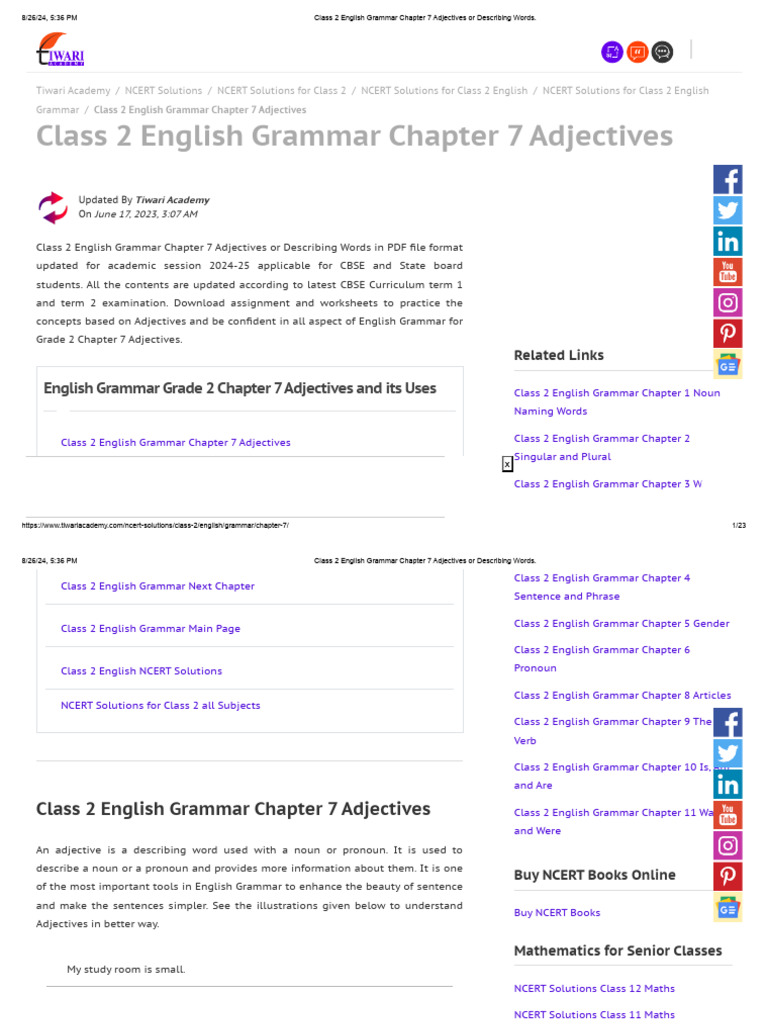 Class 2 English Grammar Chapter 7 Adjectives or Describing Words | PDF