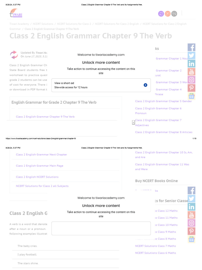 Class 2 English Grammar Chapter 9 The Verb and Its Assignments Free | PDF
