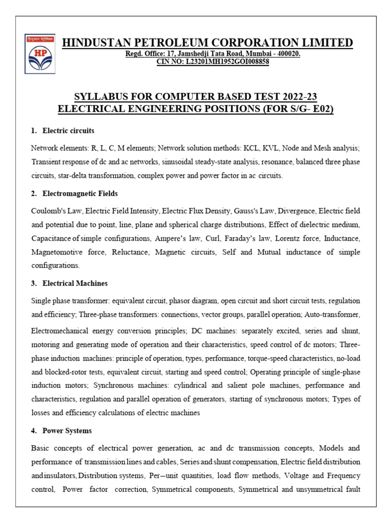 HPCL Electrical Syllabus | PDF