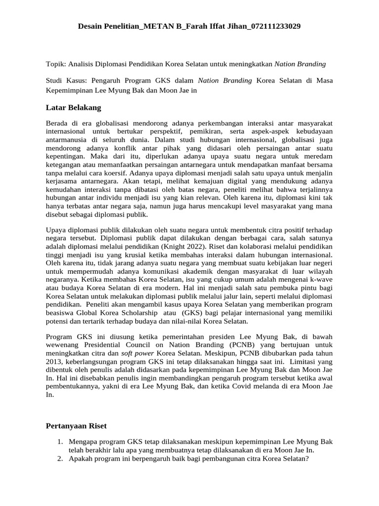 Desain Penelitian - METAN B - Farah Iffat Jihan - 072111233029 | PDF