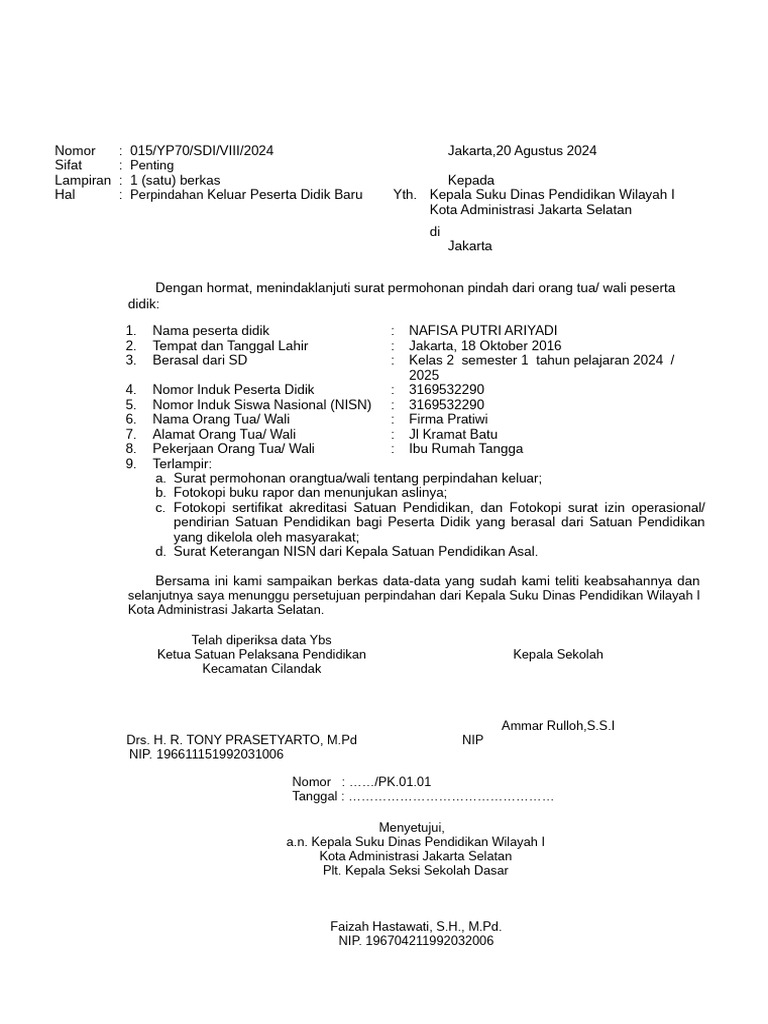 Format Mutasi Peserta Didik | PDF
