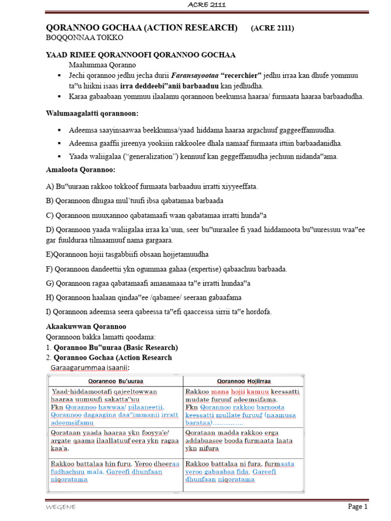 Yaadannoo Gabaabaa Qorannoo Gochaa PDF | PDF