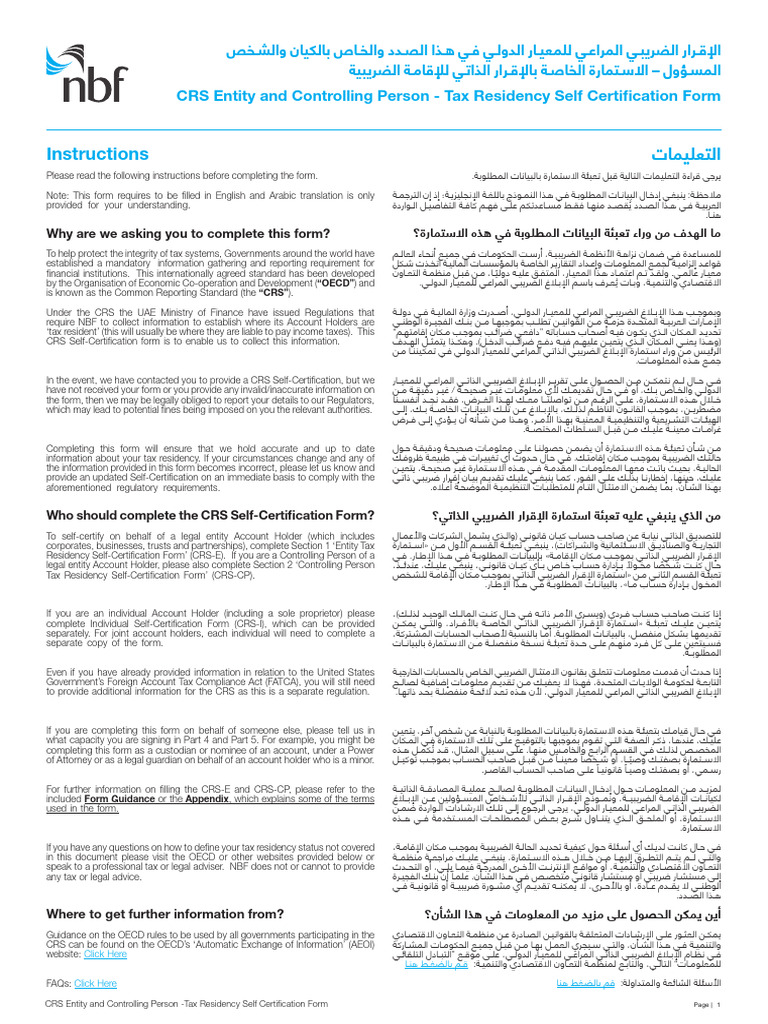 CRS Entity and Controlling Person Tax Residency Self Certification Form ...