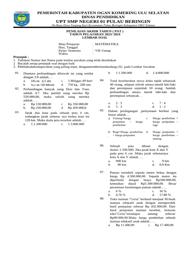 Soal MTK Kelas 7 SMP 1 | PDF