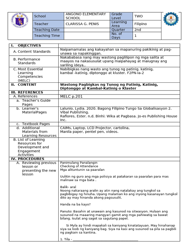 Clarissa Cot2 DLP Filipino 2 2nd Quarter 1 | PDF