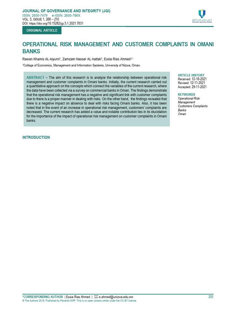 Operational Risk Management and Customer Complaints in Omani Banks | PDF | Risk | Coefficient Of ...