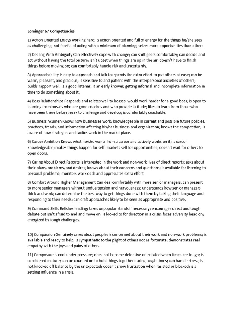 Lominger 67 Competencies | PDF